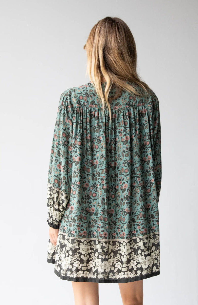 Natural Life Dara V-Neck Tunic Dress - Sage Black Floral Border – Anne ...