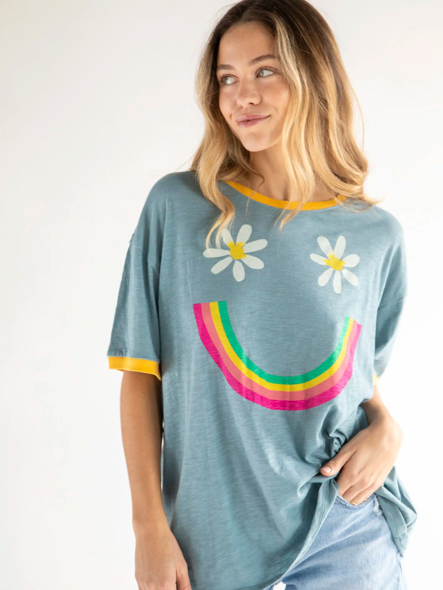 Natural Life Ringer Oversized Tee Shirt - Dusty Blue Smiley – Anne-Paige