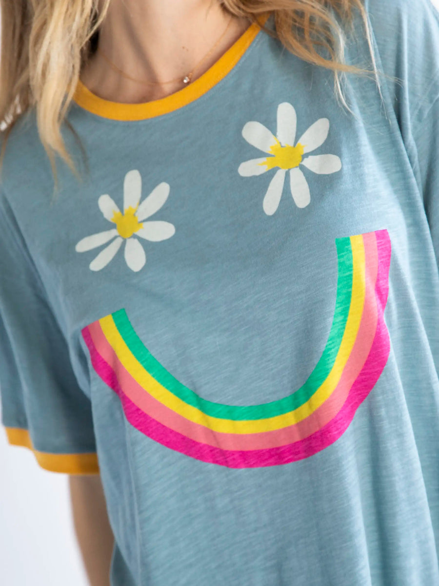 Natural Life Ringer Oversized Tee Shirt - Dusty Blue Smiley – Anne-Paige